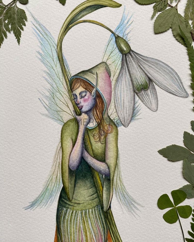 Imbolc Snowdrop Fairy Original A4 Artwork - Just us Merfolk